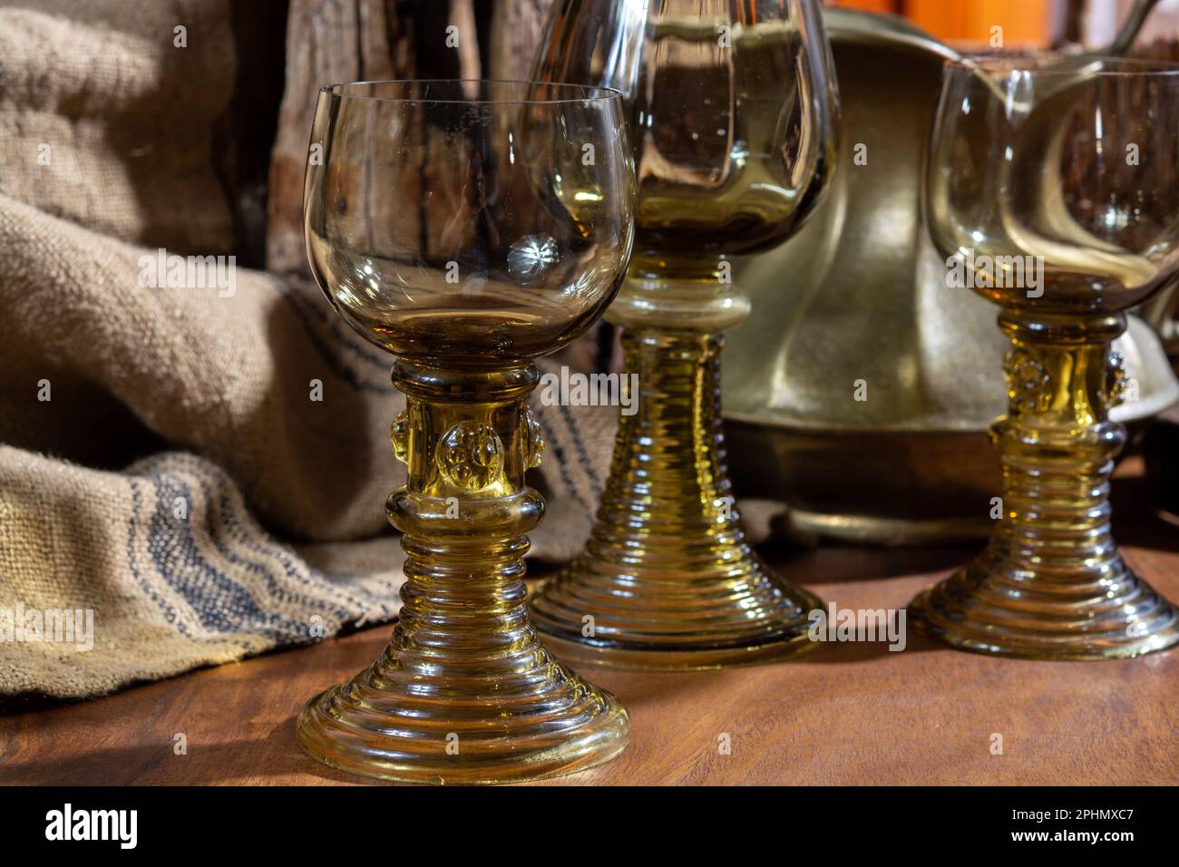 Emplty antique German glassware, old Dutch style rummer or roemer ...