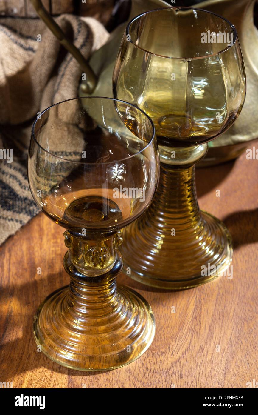 Emplty antique German glassware, old Dutch style rummer or roemer ...