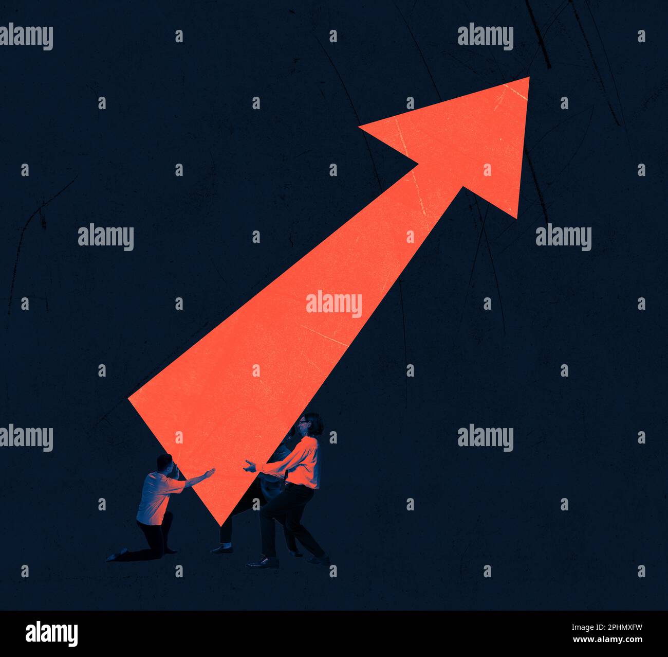 Businessmen, team carrying huge arrow together with efforts. Art ...