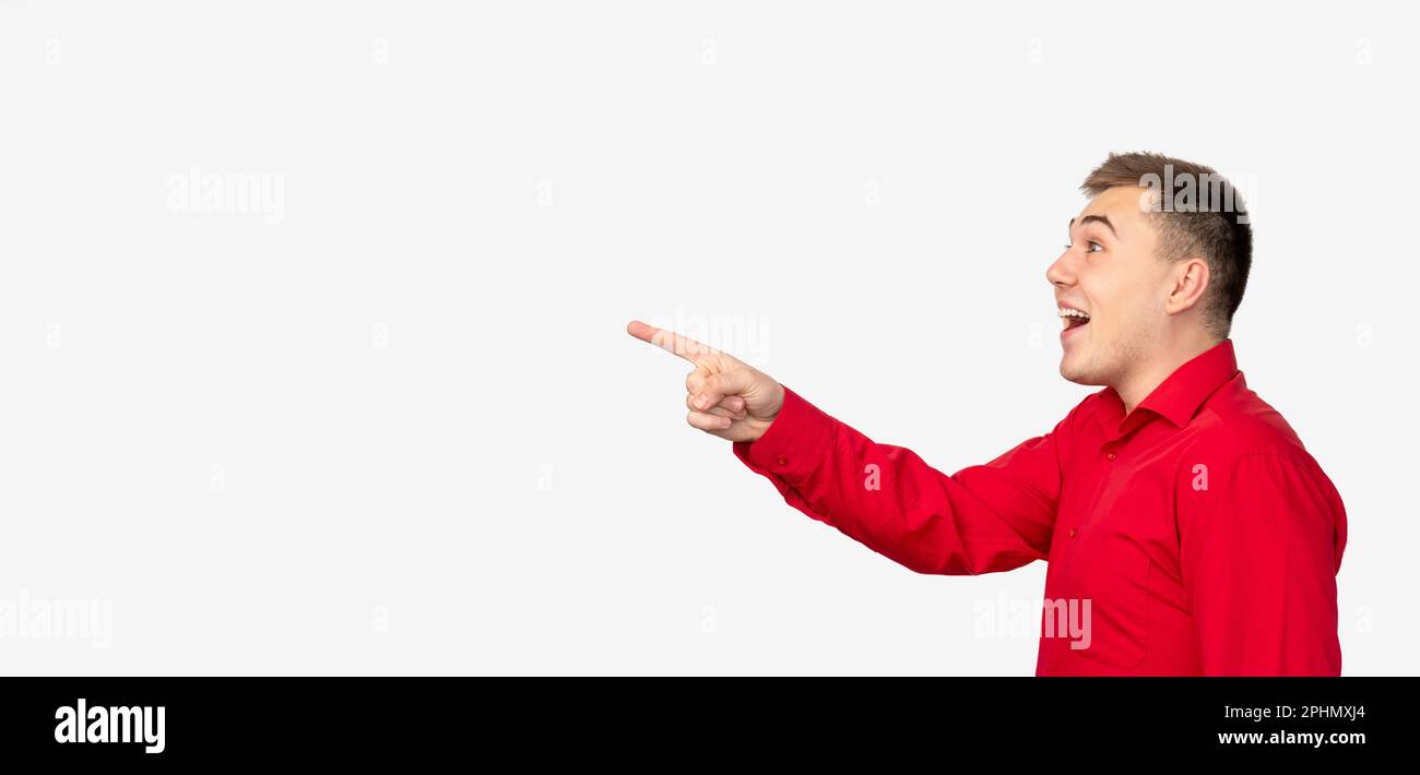 commercial background surprised man pointing white Stock Photo - Alamy