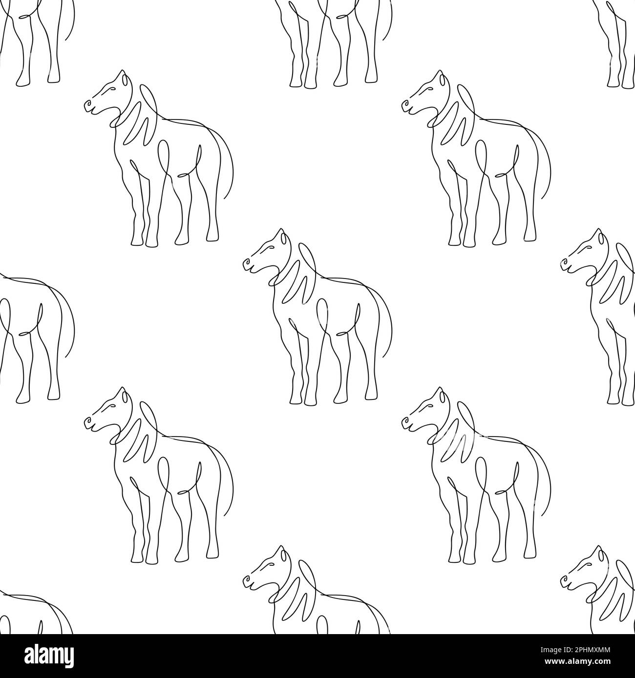 Seamless pattern with horses illustration in line art style on white ...
