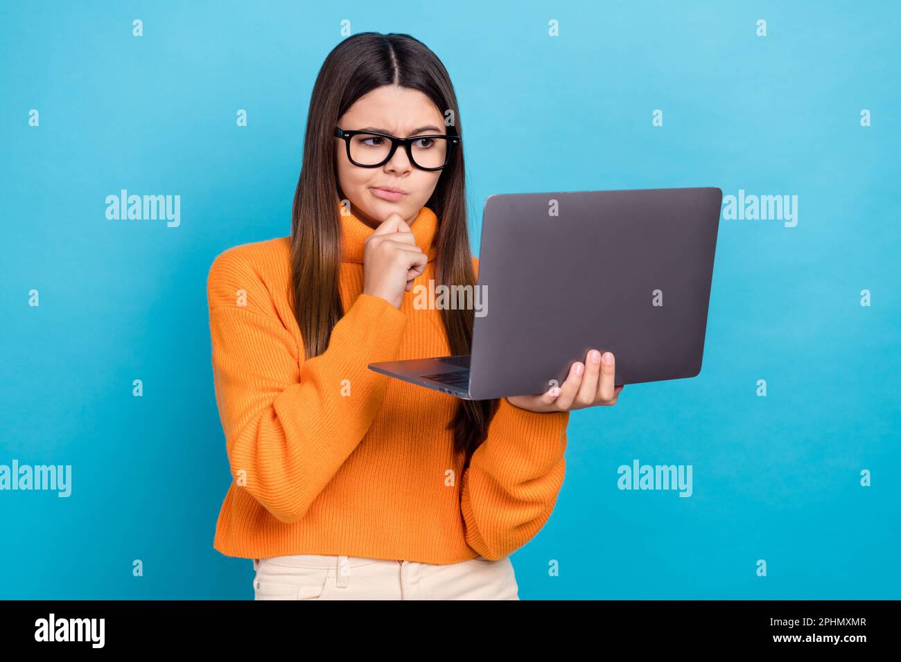 Photo of thoughtful intelligent girl long hairstyle wear knit ...