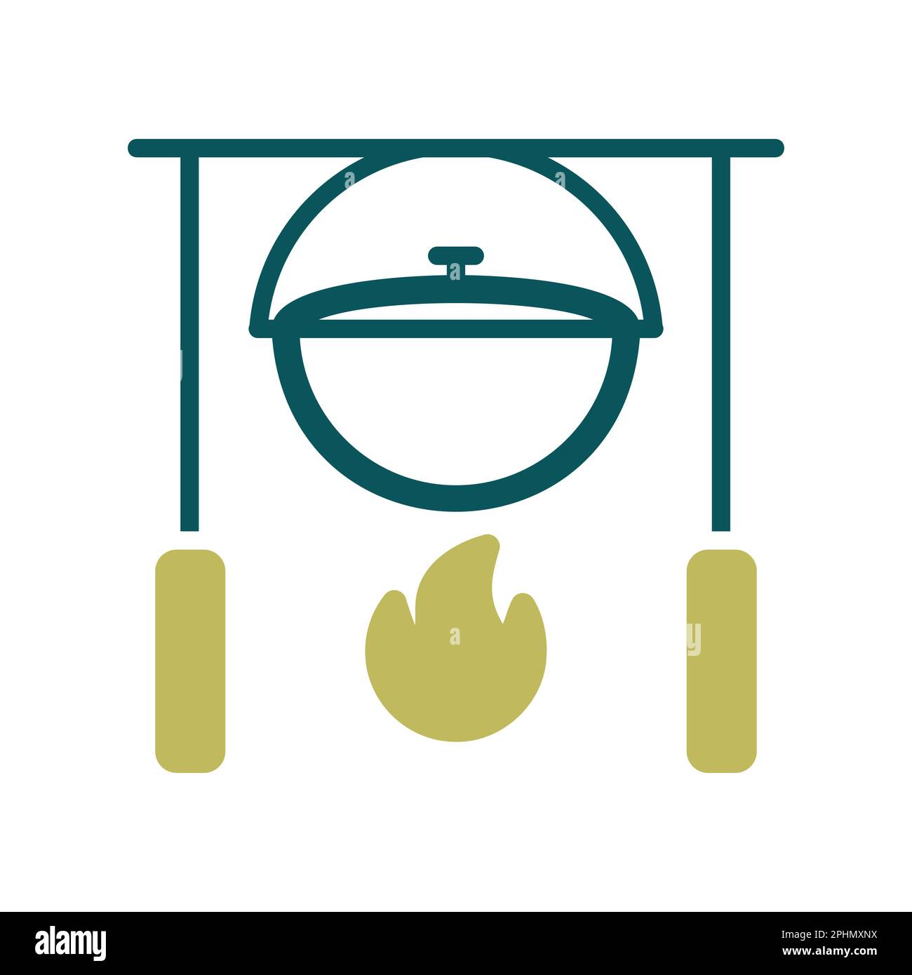 Camping pot over a bonfire vector isolated icon. Hiking sign. Graph ...