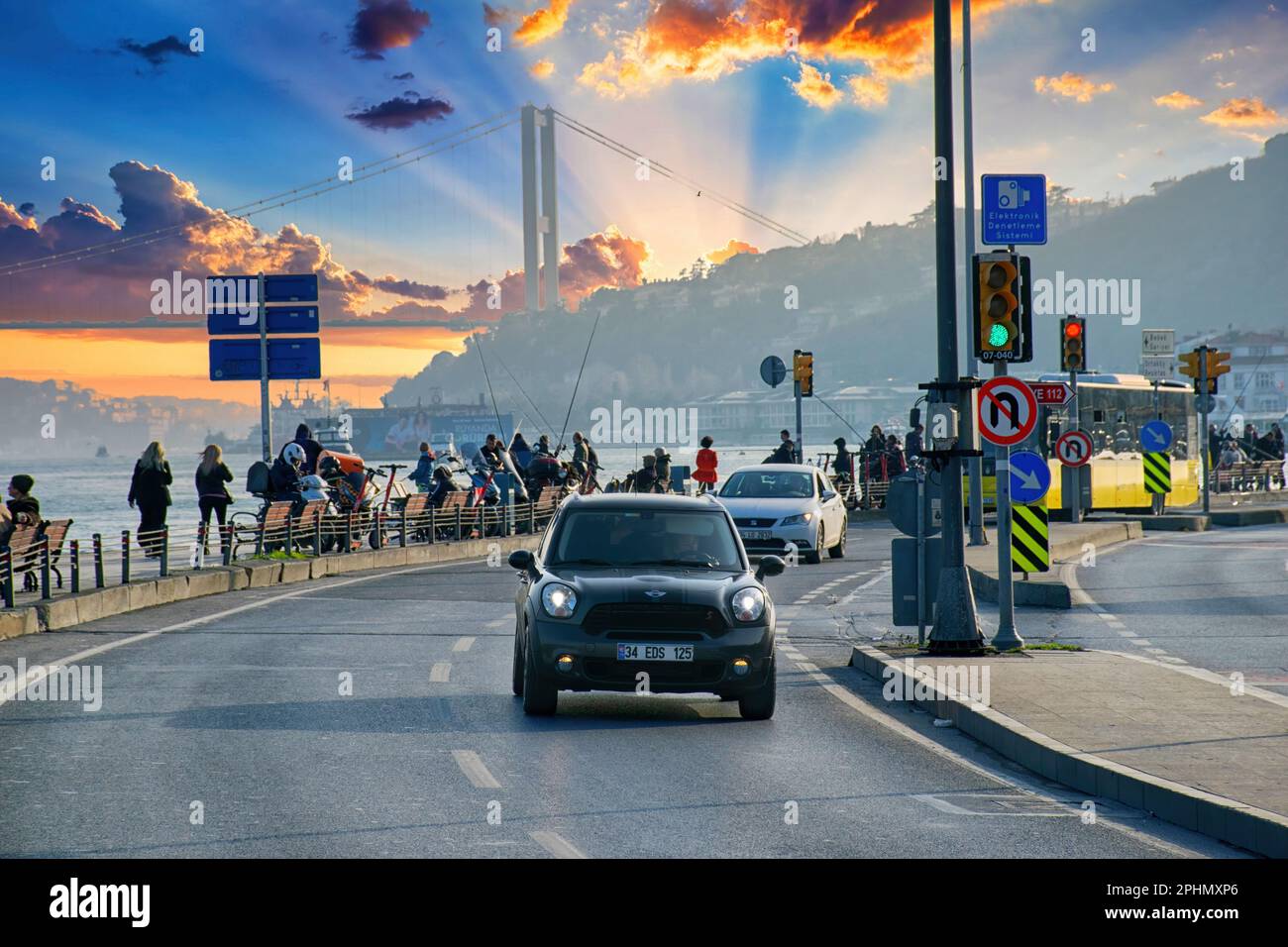 MINI Cooper is on a city tour. MINI Cooper moving on the Istanbul ...