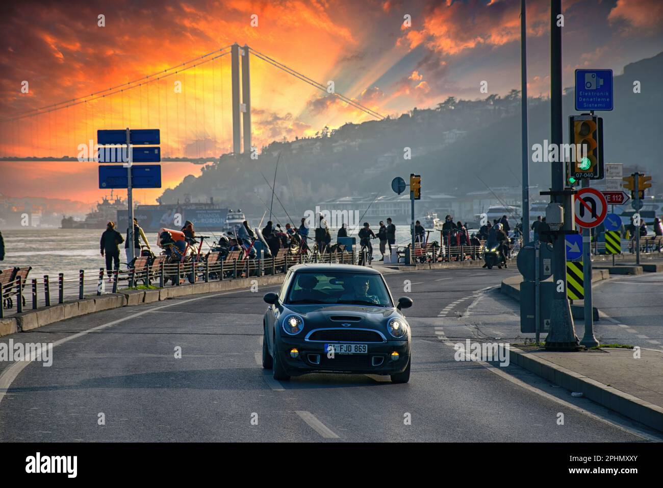MINI Cooper is on a city tour. MINI Cooper moving on the Istanbul ...