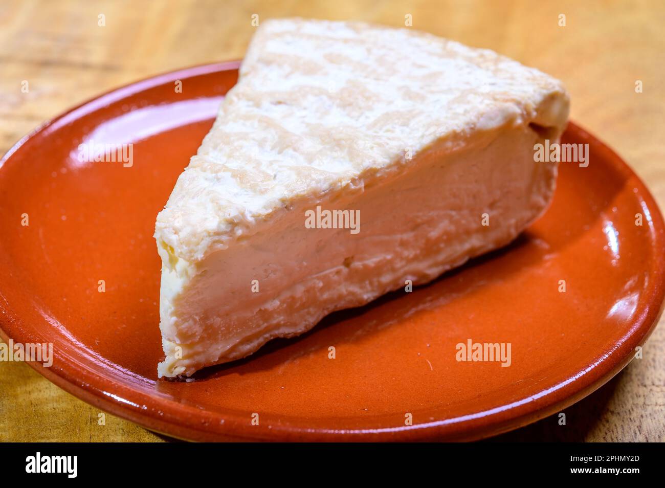 Piece of french soft-ripened white mold cow milk cheese brie produced ...