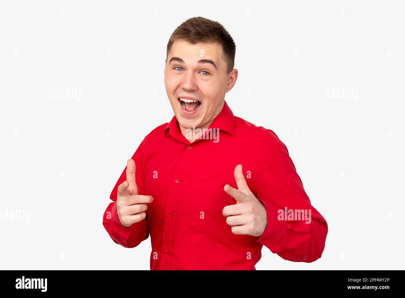 encouraging gesture cheerful man pointing fingers Stock Photo - Alamy