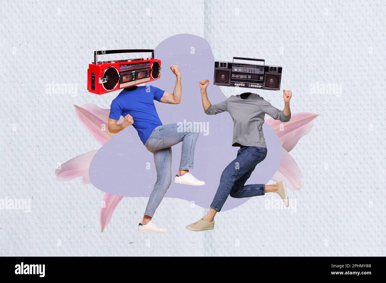 Creative composite collage photo of weird strange headless people boombox instead of head ...