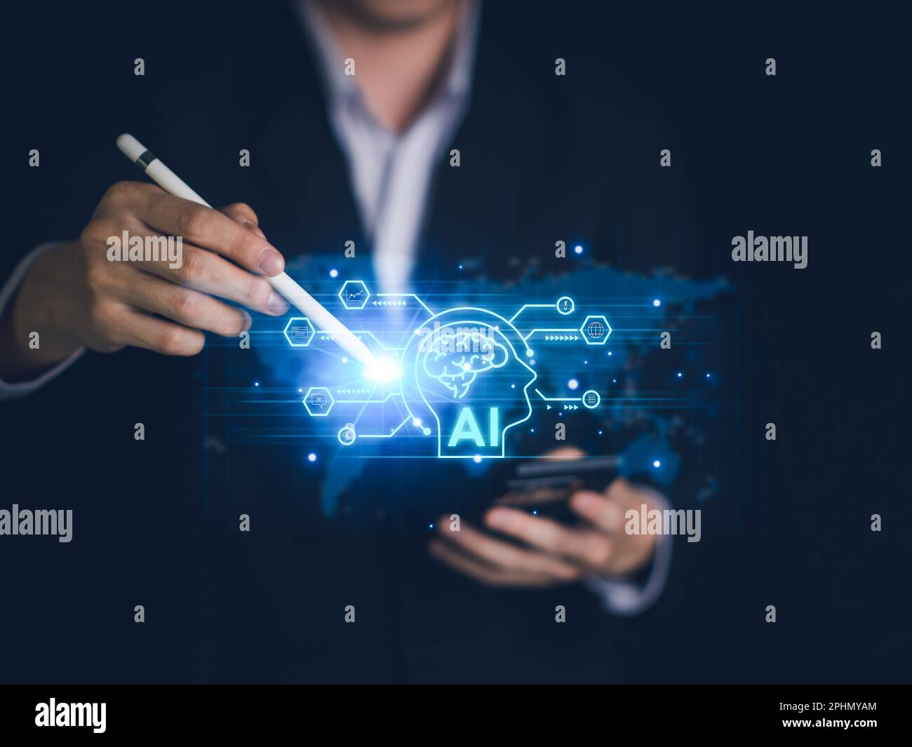 AI (Artificial intelligence) growing with brain. Businessman data ...