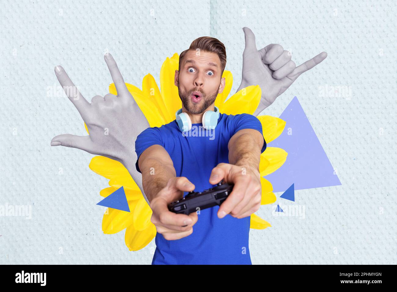 Photo collage artwork minimal picture of impressed funky guy enjoying ...