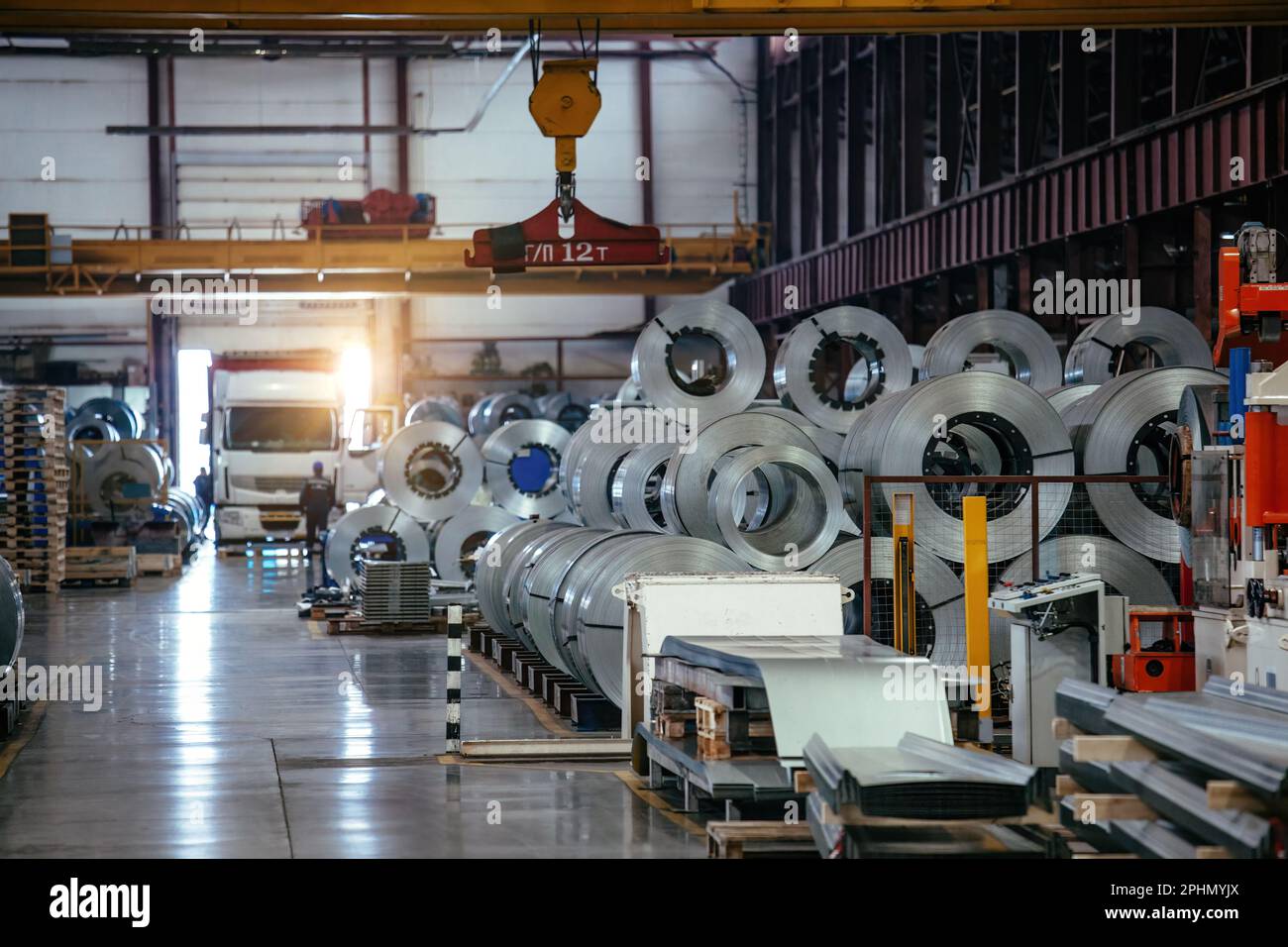 Rolls of galvanized steel sheet inside the metalworking factory Stock ...