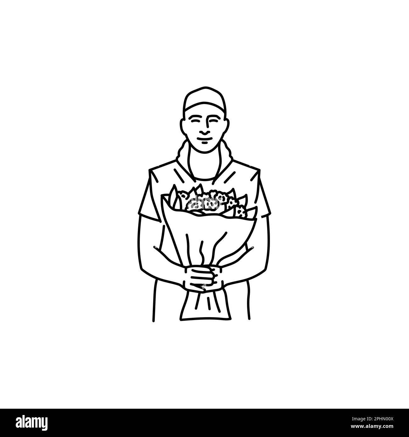 Courier with bouquet of flowers black line icon. Delivery service ...