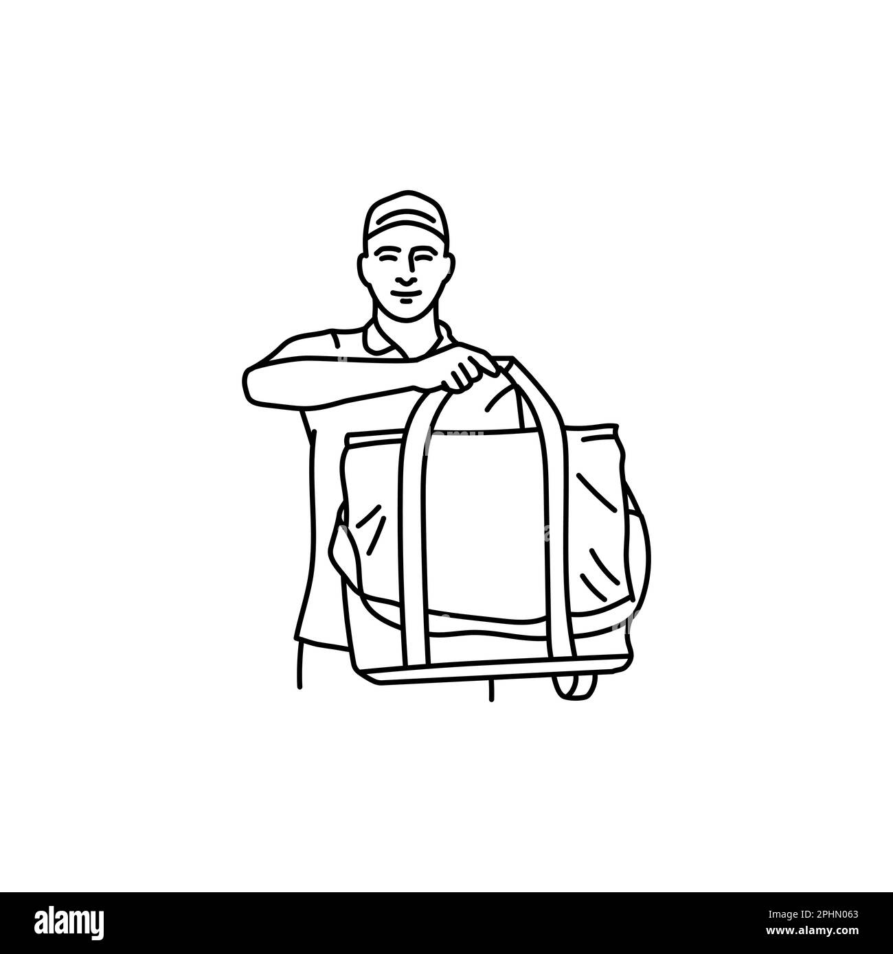 Courier with bag black line icon. Food delivery service. Pictogram for ...