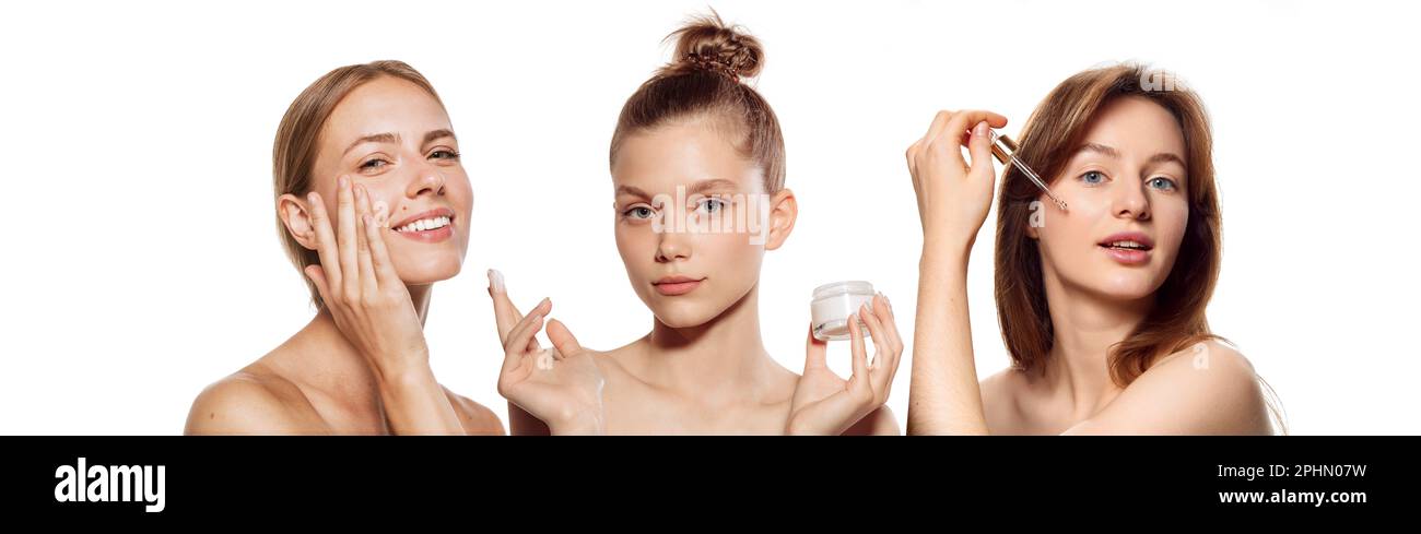 Beautiful three young girls with healthy, spotless, smooth face, taking ...