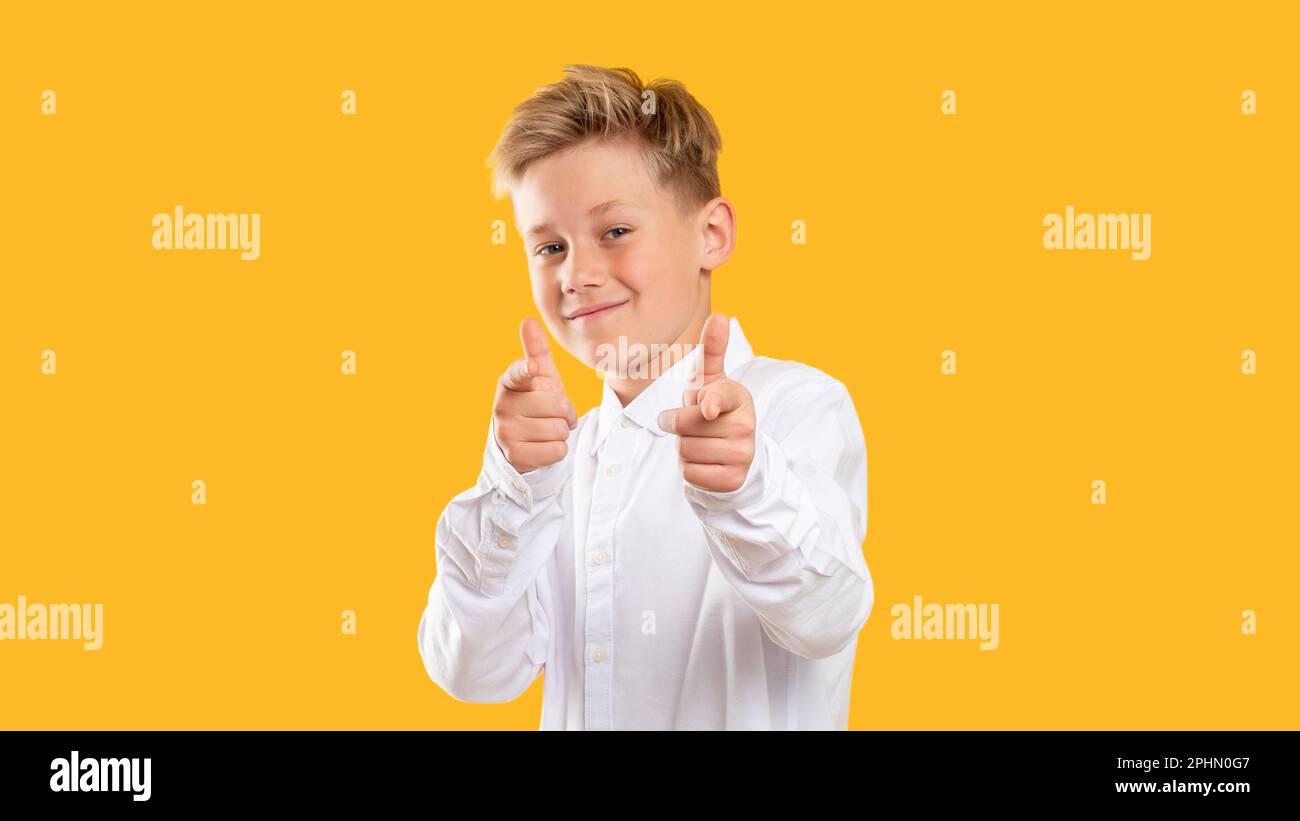 encouraging gesture confident boy pointing fingers Stock Photo - Alamy