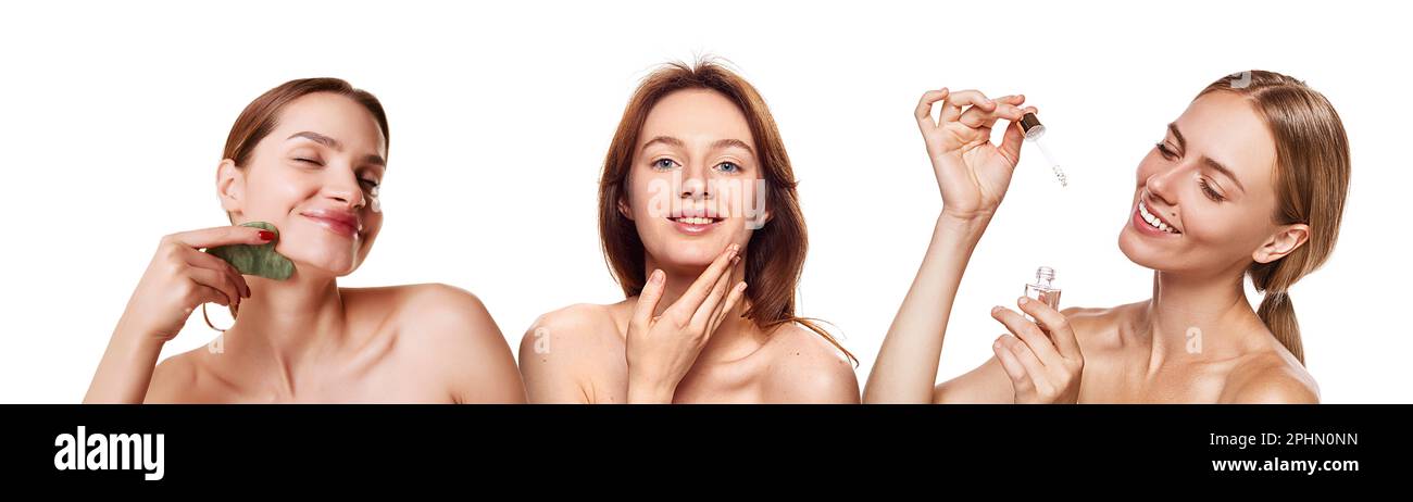 Beautiful young girls taking care after skin with professional products ...