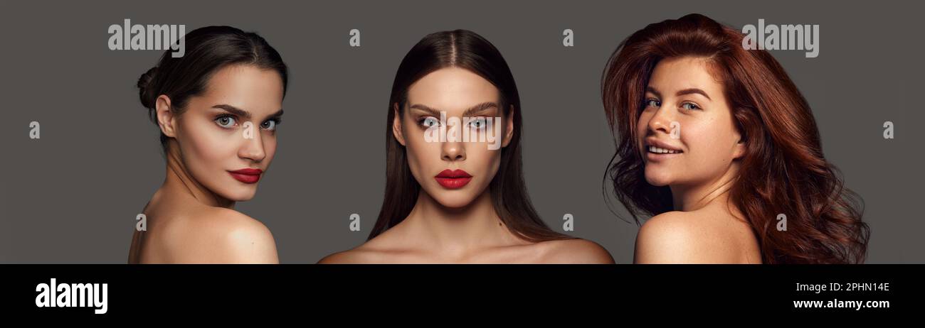 Portraits of beautiful young women with well-kept healthy skin posing ...