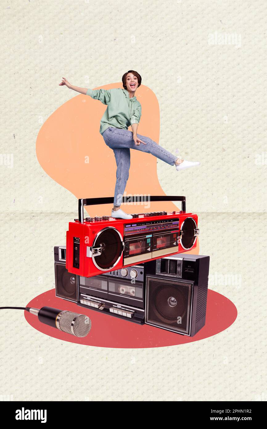 Collage artwork graphics picture of smiling happy lady listening boom ...