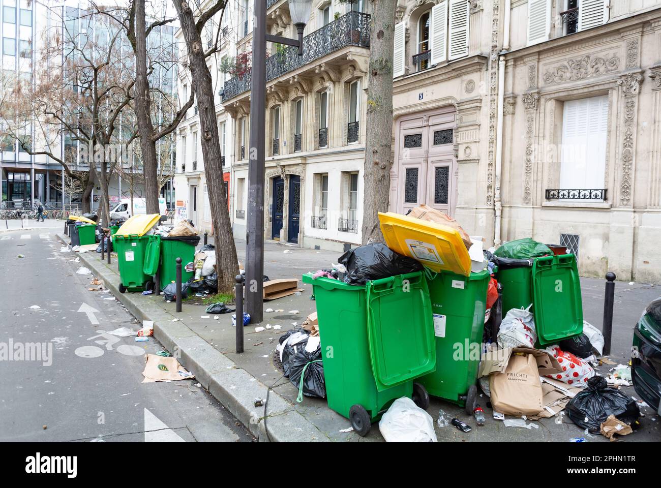 Paris, France, garbage on sidewalks during the strike against a ...