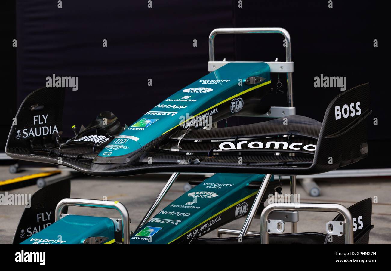 Albert Park, 29 March 2023 The Aston Martin AMR23 front wing on display ...