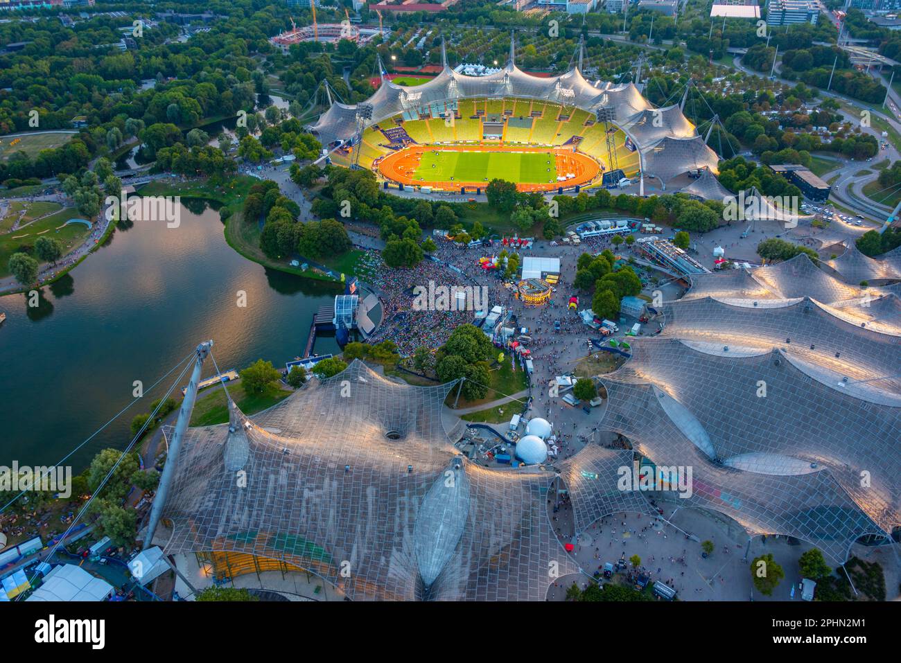 Aerial view of olympiapark and the olympiaturm olympic tower munich hi ...