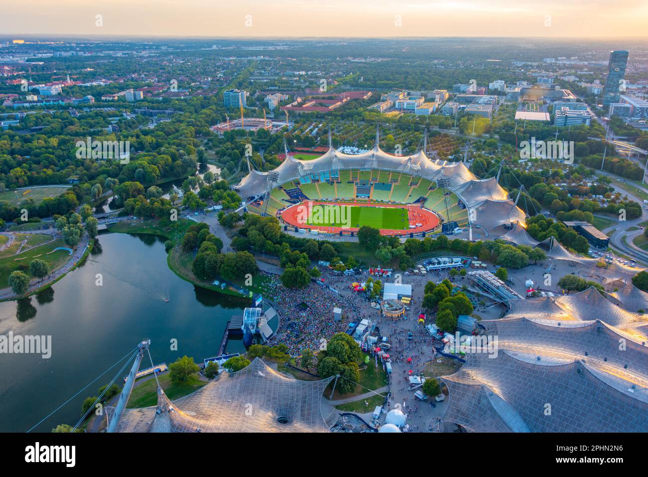 Aerial view of olympiapark and the olympiaturm olympic tower munich hi ...