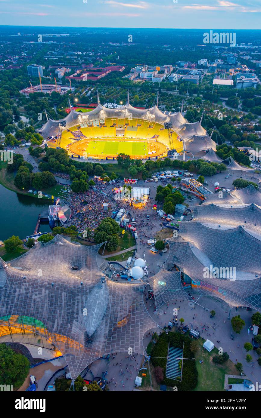 Aerial view of olympiapark and the olympiaturm olympic tower munich hi ...