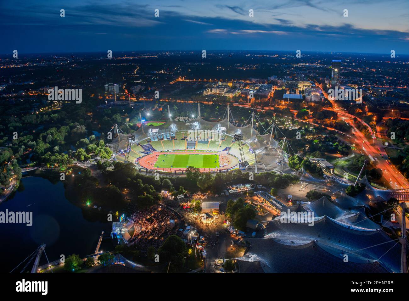 Aerial view of olympiapark and the olympiaturm olympic tower munich hi ...