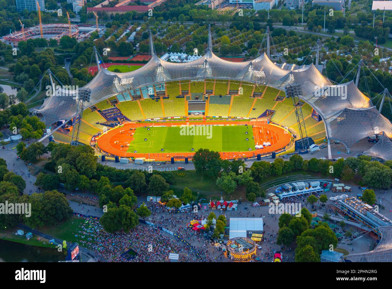 Aerial view of olympiapark and the olympiaturm olympic tower munich hi ...