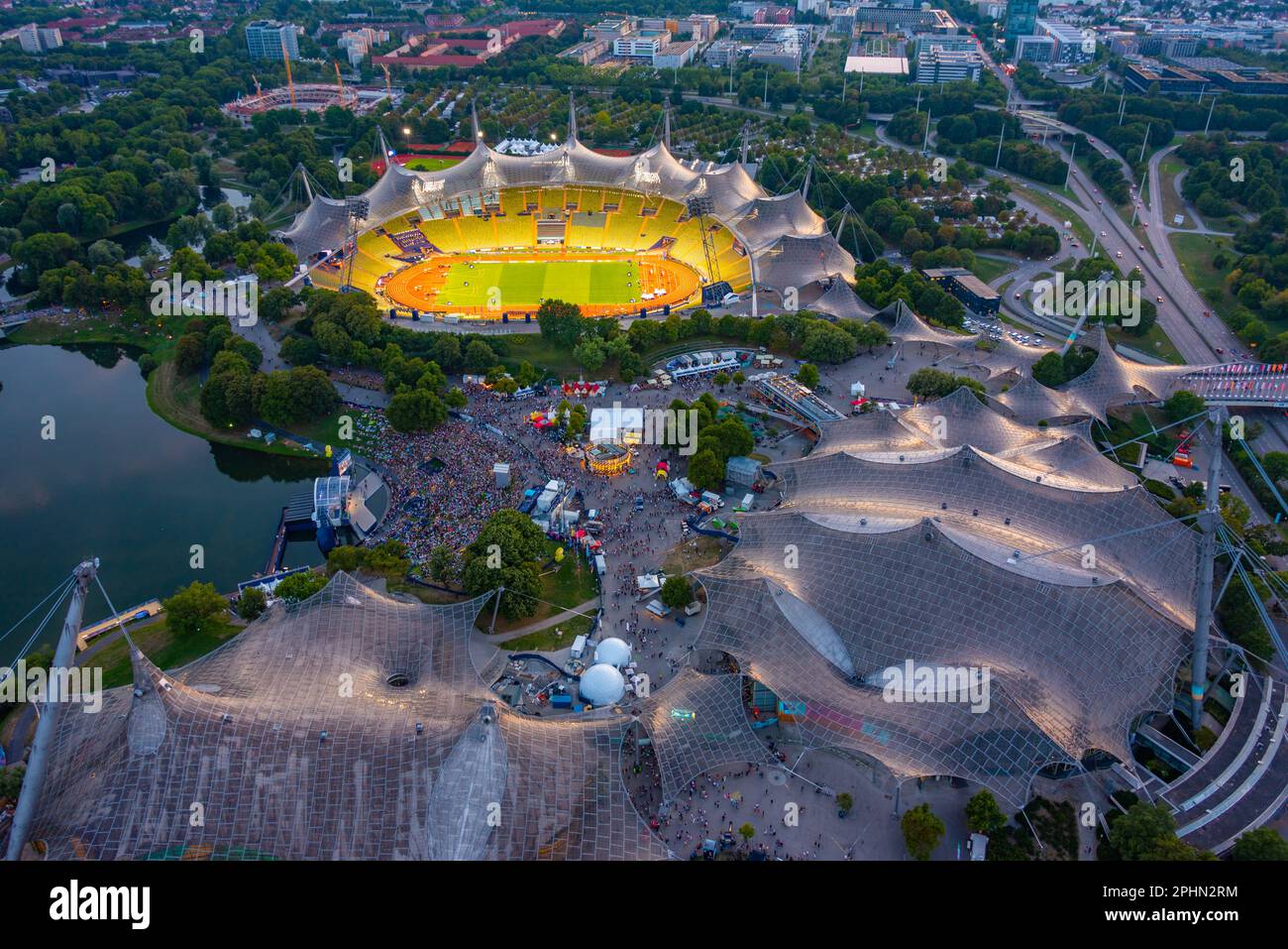 Aerial view of olympiapark and the olympiaturm olympic tower munich hi ...