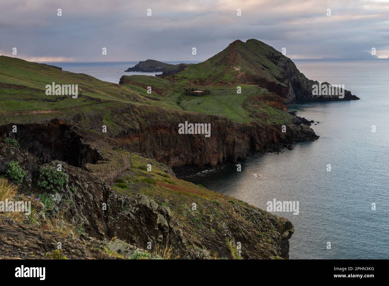 Ponta de Sao Lourenco, Madeira , Portugal. Sunrise over green cliffs ...