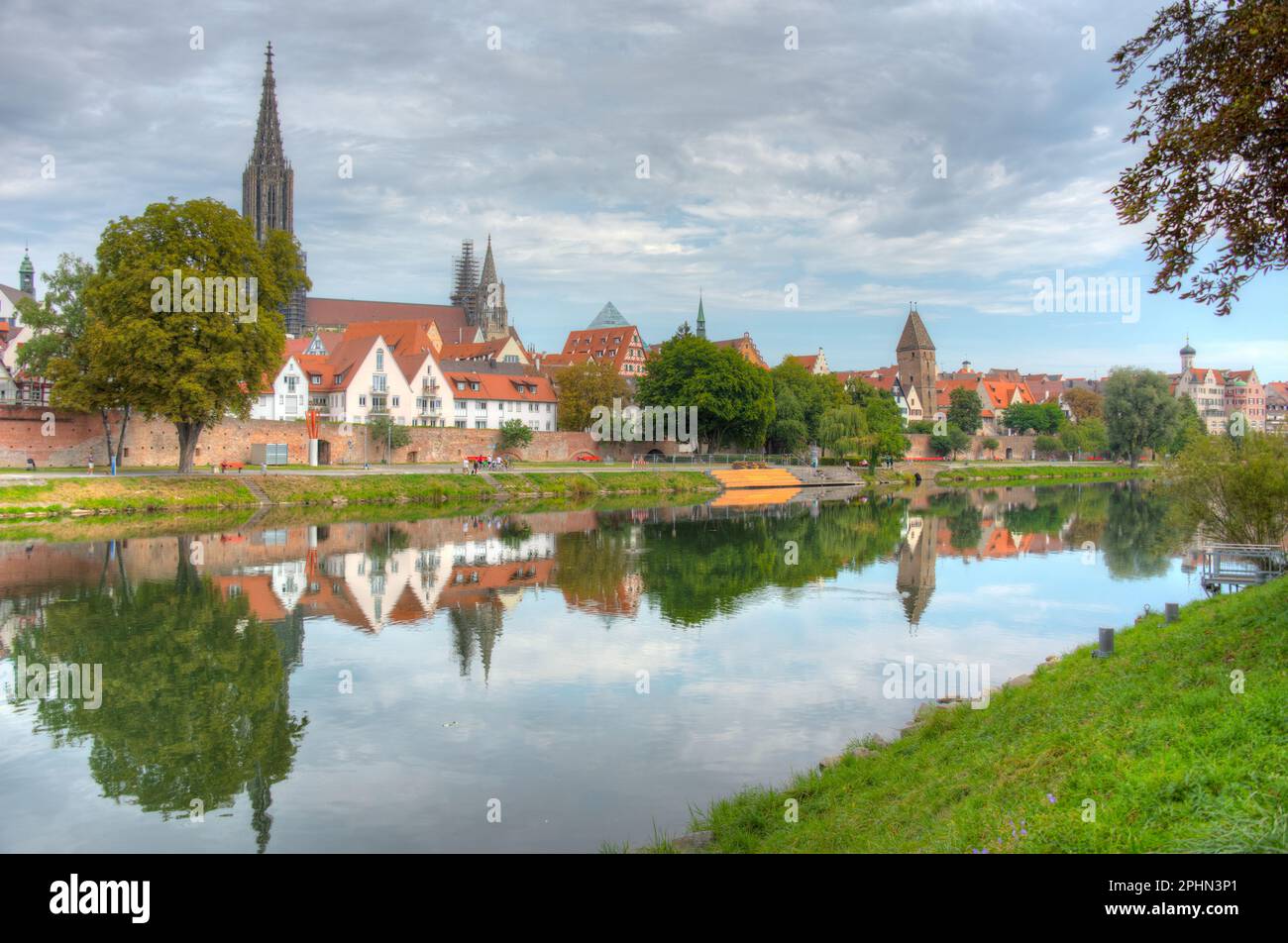Cityscape of German town Ulm reflecting on river Danube Stock Photo - Alamy