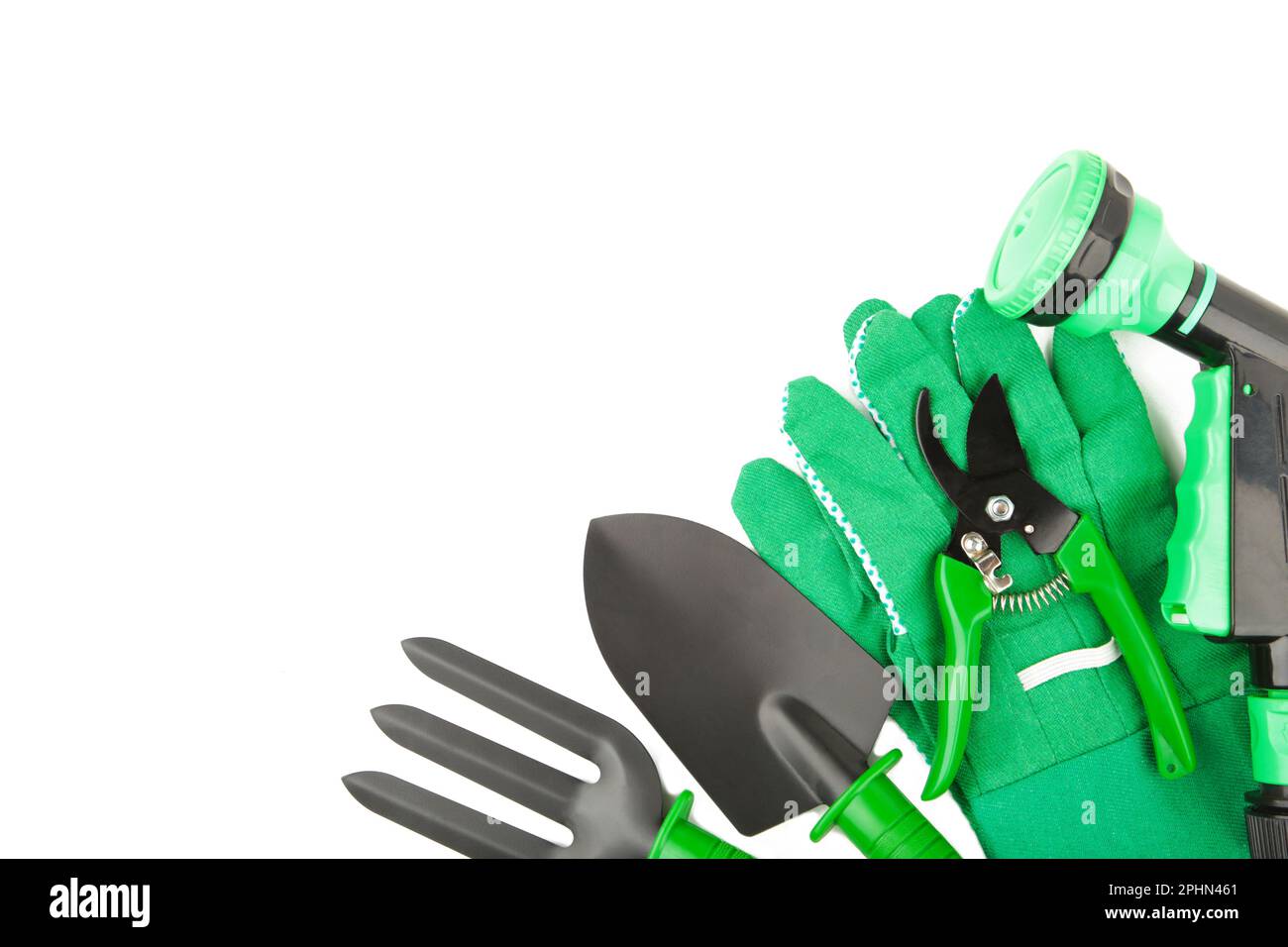 Gardening tools on white wooden background with copy space. Spring ...