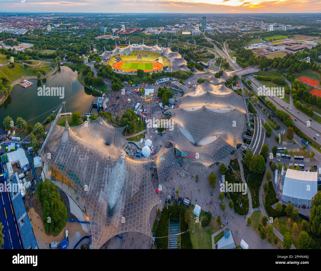 Aerial view of olympiapark and the olympiaturm olympic tower munich hi ...
