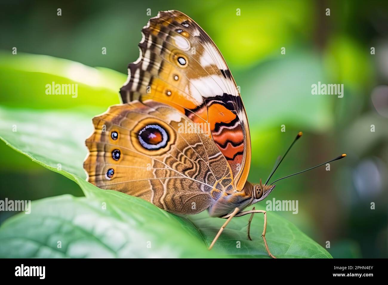 A vividly colored butterfly perched delicately on a lush green leaf ...