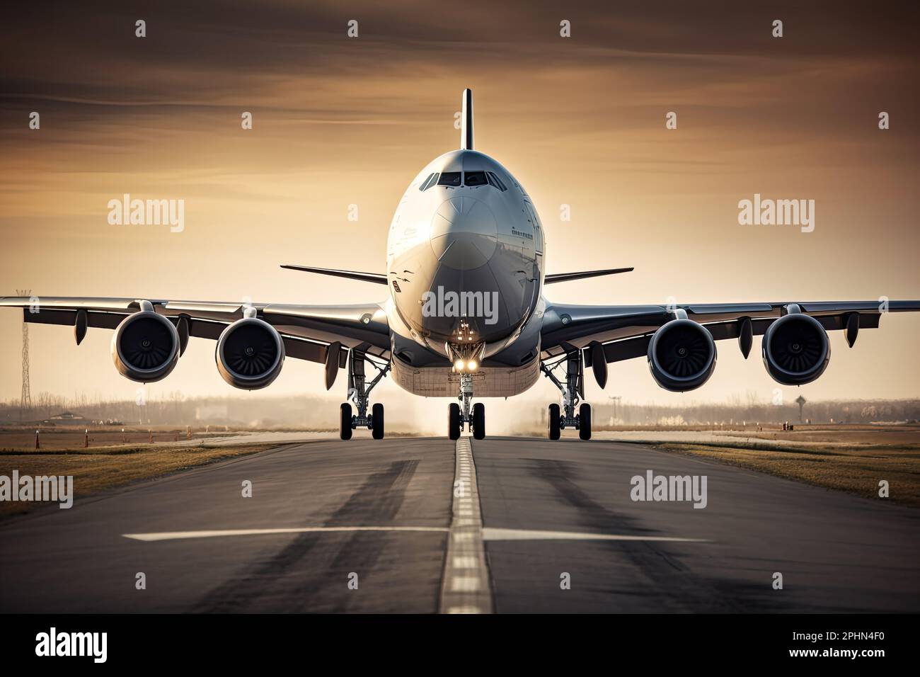 A commercial airliner taking off on a runway against a summer sunrise ...