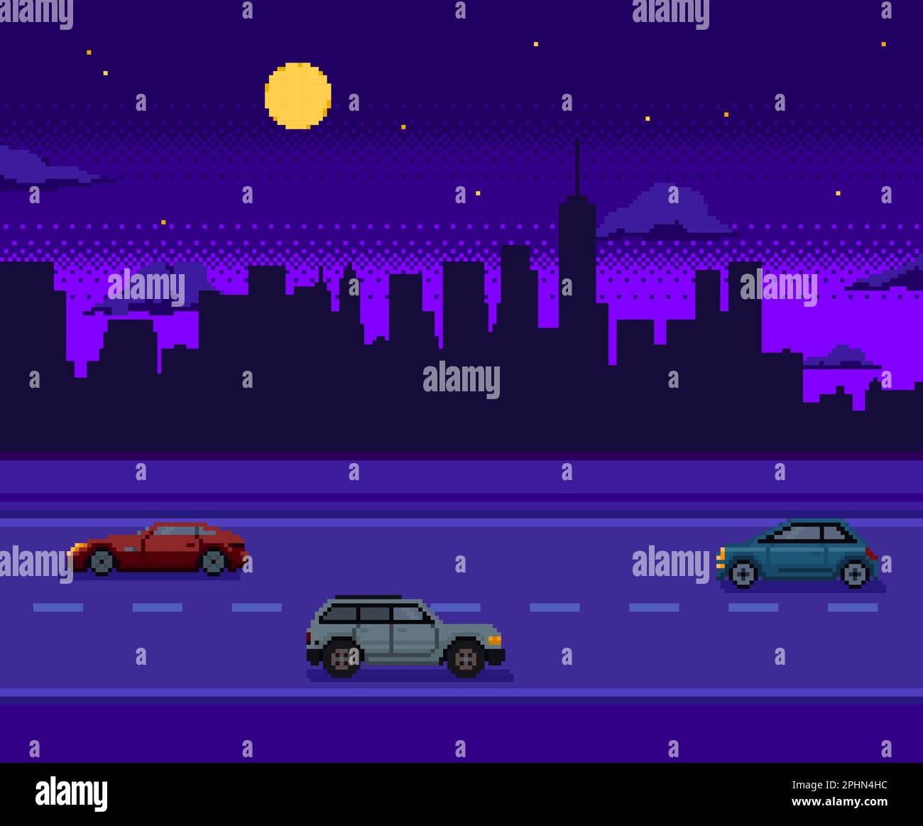Pixel art game background with night cityscape and cars on the road ...