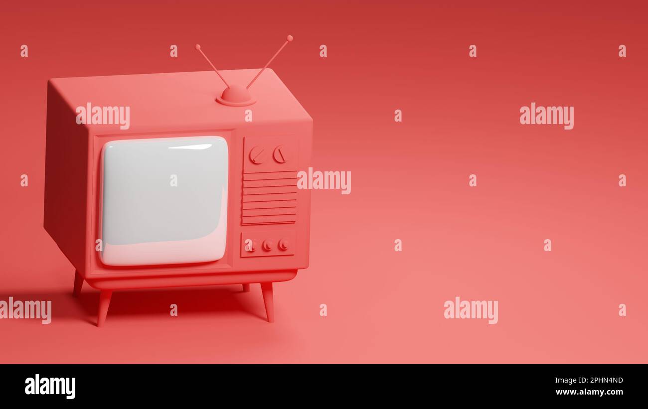 3D rendering of pink old classic tube TV with convex screen on wooden ...