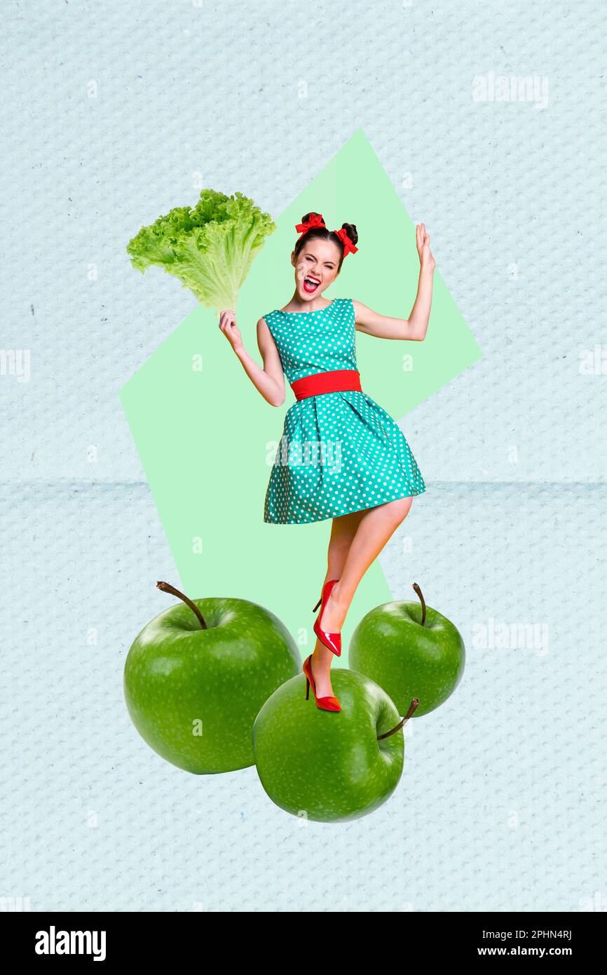 Vertical abstract photo collage of ecstatic overjoyed woman hold salad ...