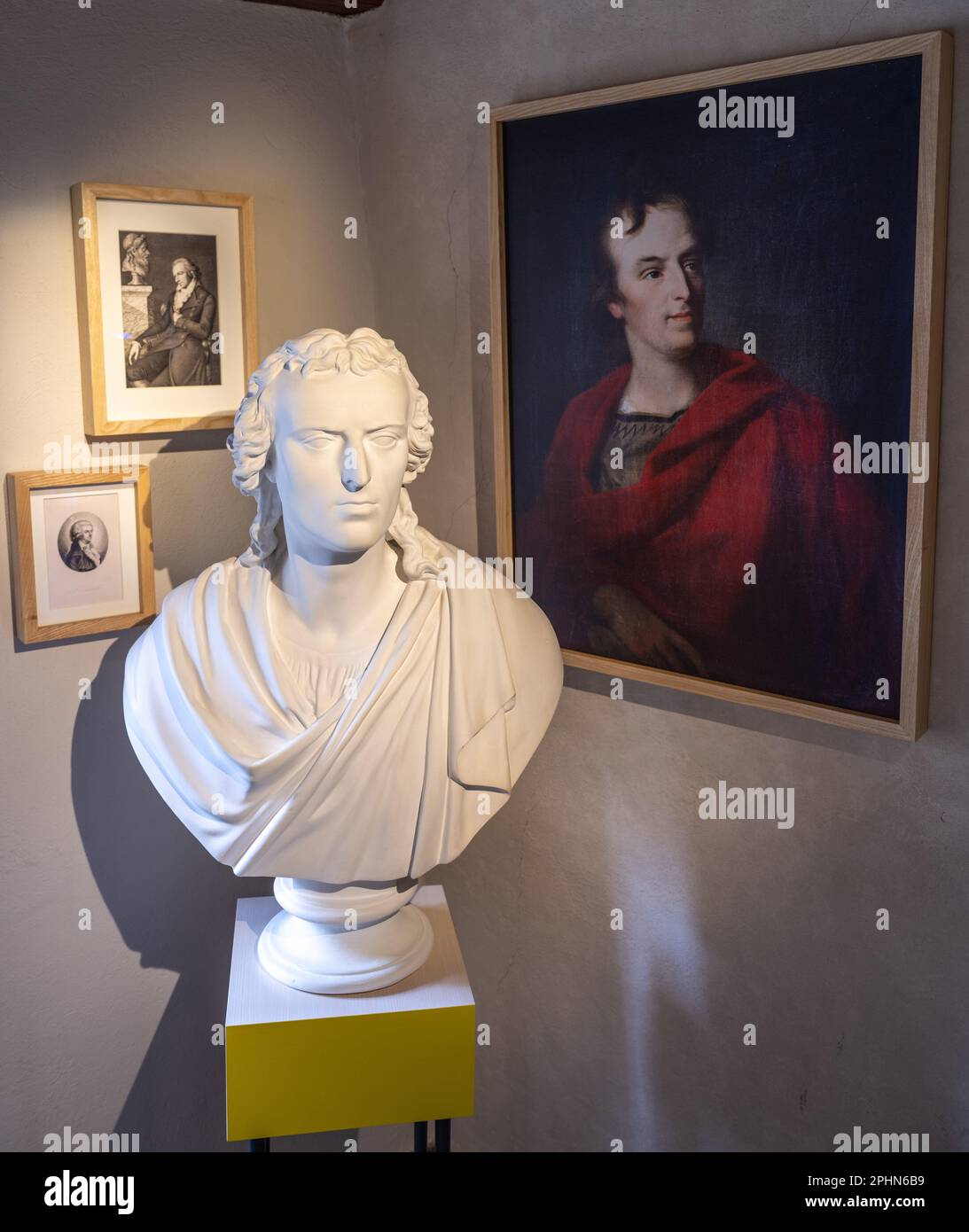 29 March 2023, Saxony, Leipzig: Portraits and a portrait bust of ...