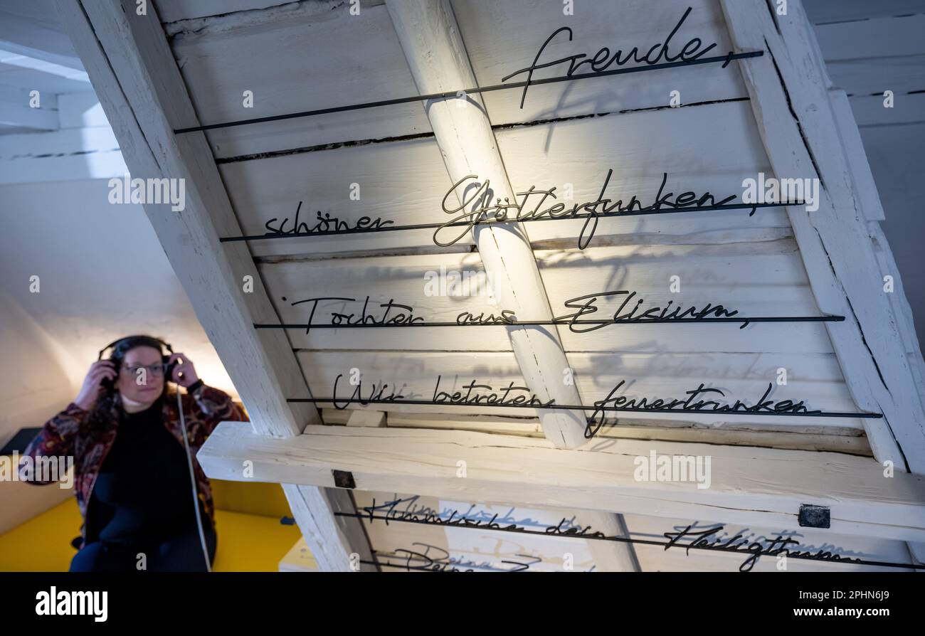 29 March 2023, Saxony, Leipzig: Lines from Friedrich Schiller's song ...