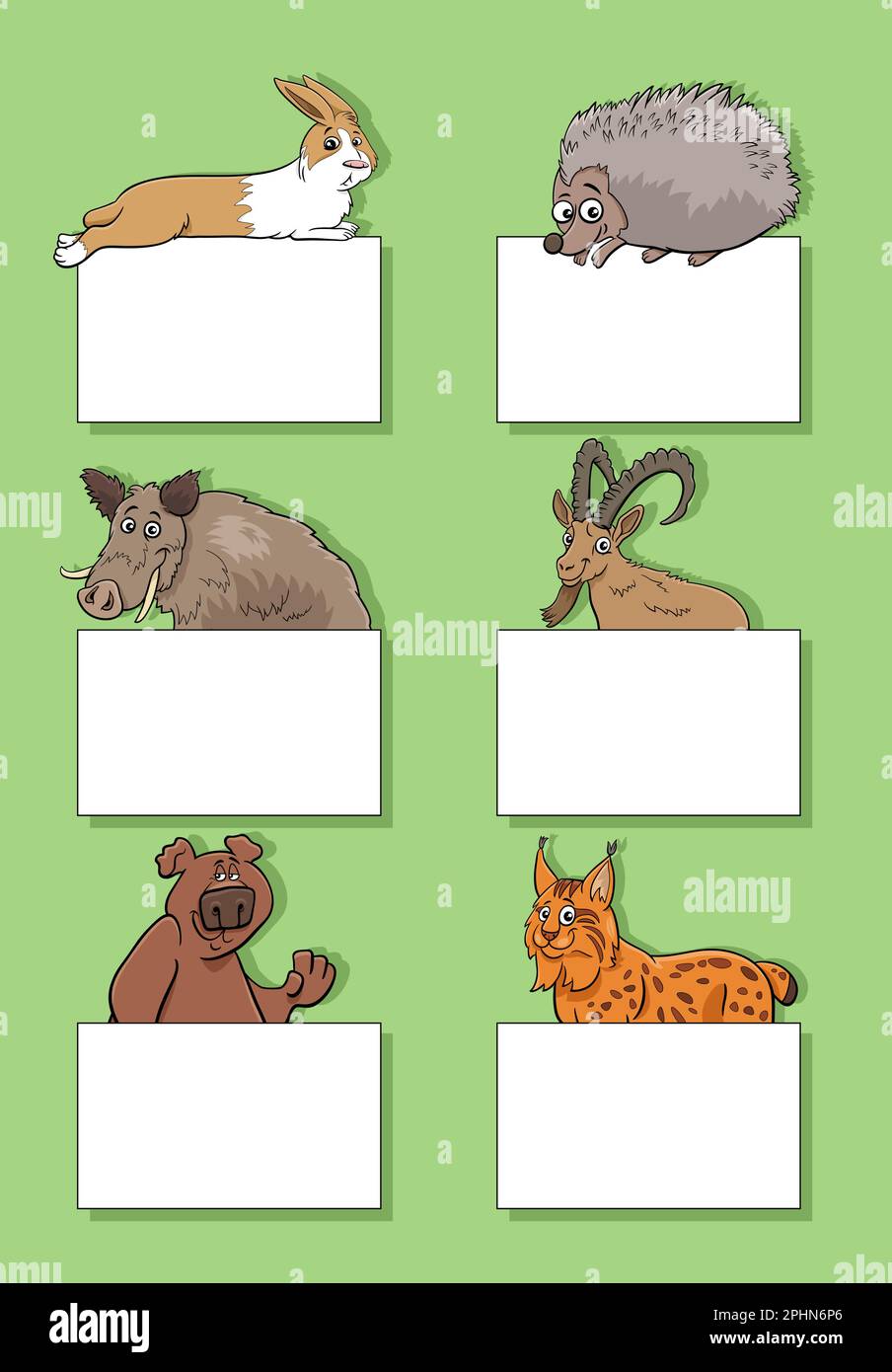 Cartoon illustration of funny animals with white cards or banners ...