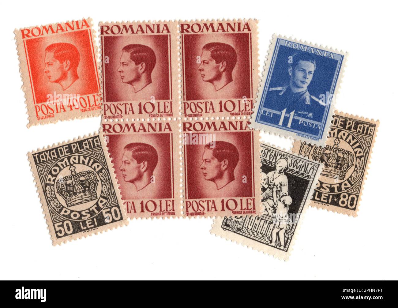 Vintage mint postage stamps from Romania isolated on a white background ...