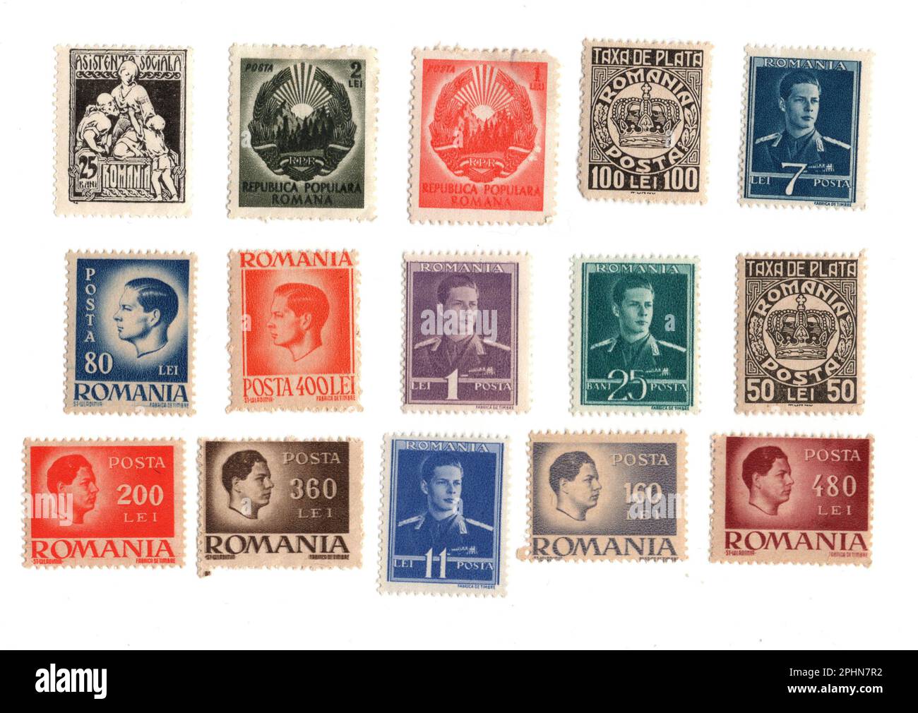 Vintage mint postage stamps from Romania isolated on a white background ...