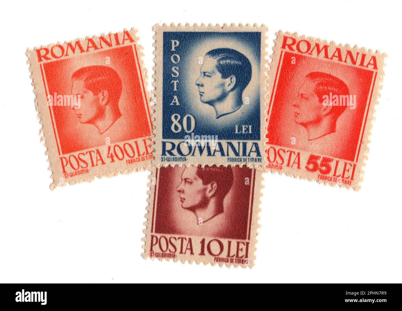 Vintage mint postage stamps from Romania isolated on a white background ...