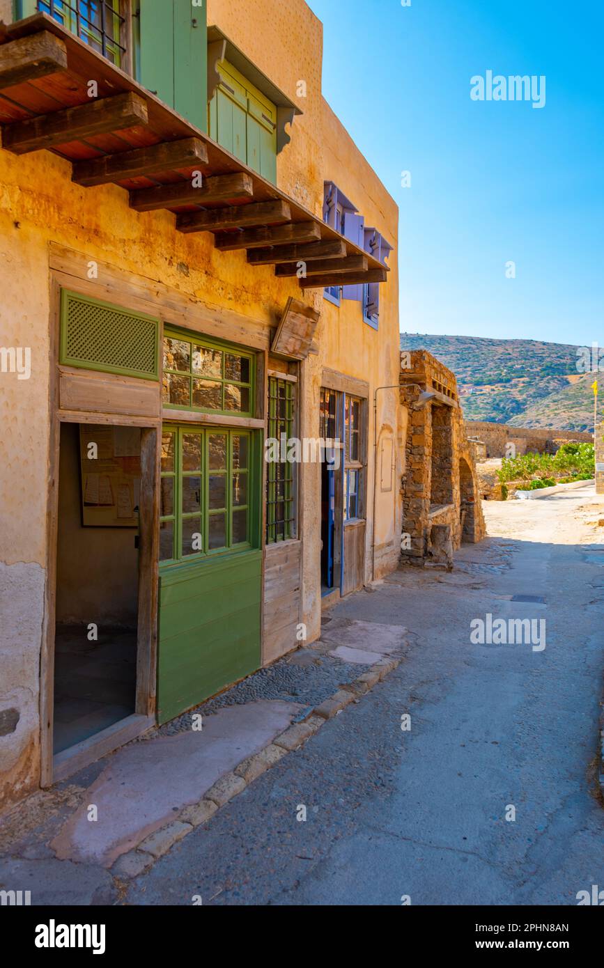 Old wooden buildings at Spinalonga Fortress at Greek island Crete Stock ...