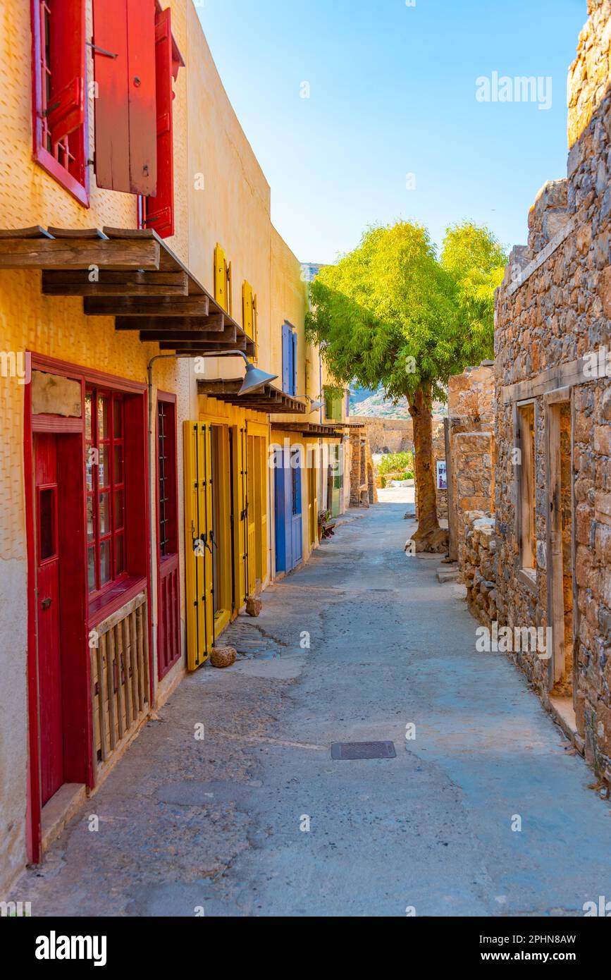 Old wooden buildings at Spinalonga Fortress at Greek island Crete Stock ...