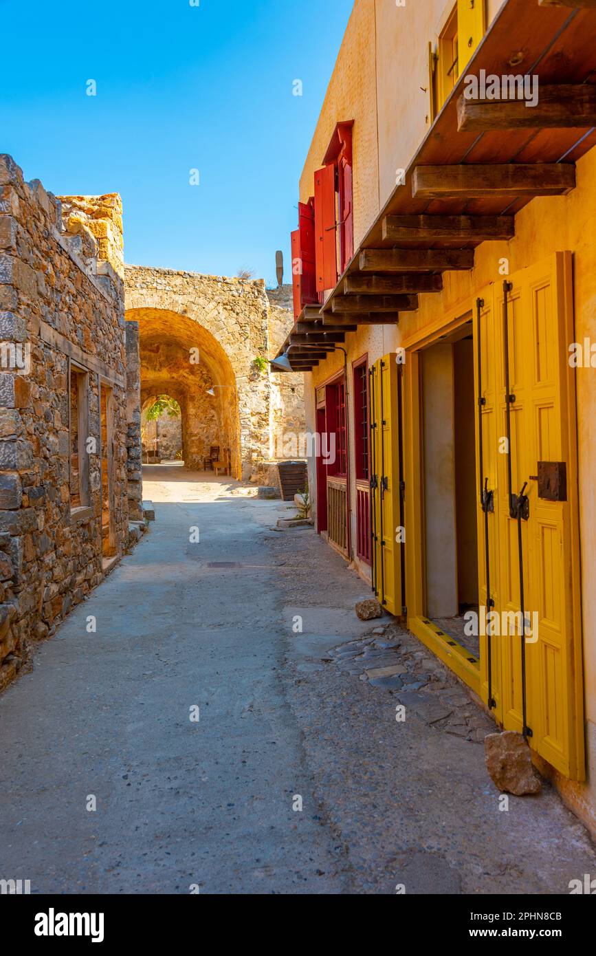 Old wooden buildings at Spinalonga Fortress at Greek island Crete Stock ...