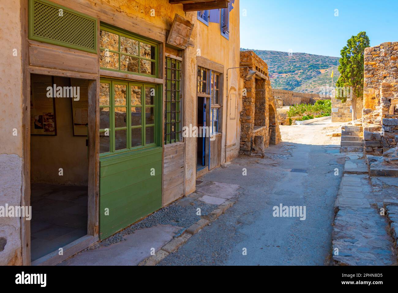 Old wooden buildings at Spinalonga Fortress at Greek island Crete Stock ...