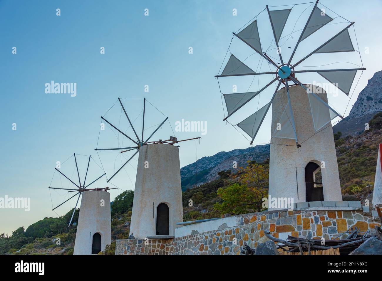 Windmills of Seli Ambelou at Greek island Crete Stock Photo - Alamy